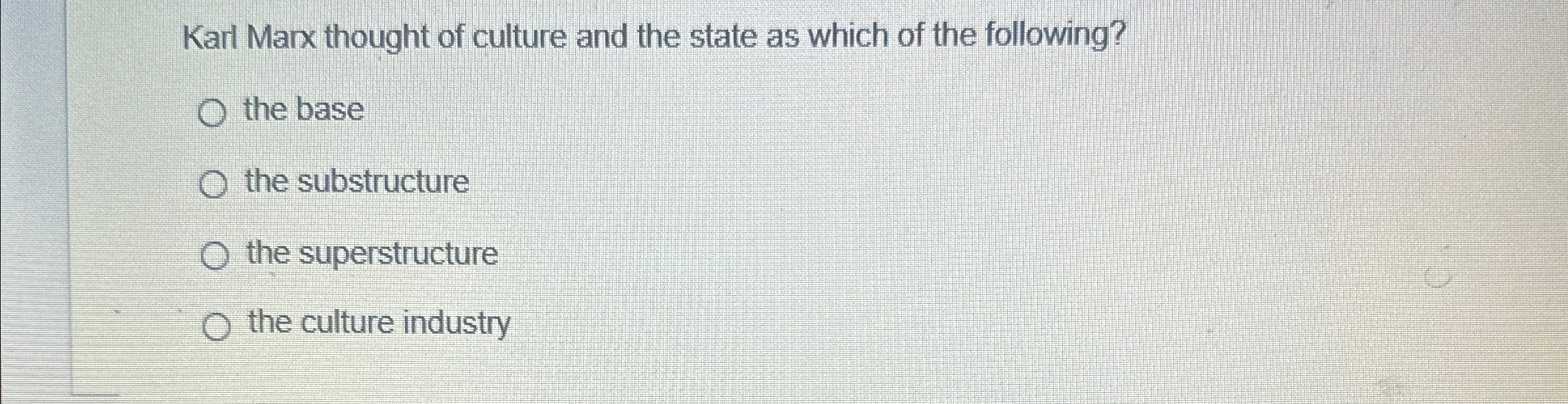 Solved Karl Marx thought of culture and the state as which | Chegg.com