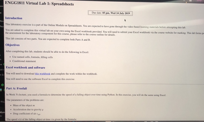 Solved ENGG1811 Virtual Lab 1: Spreadsheets Due date: 05 pm, | Chegg.com