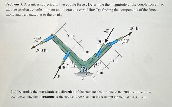 Solved Problem 3: A crank is subjected to two couple forces. | Chegg.com