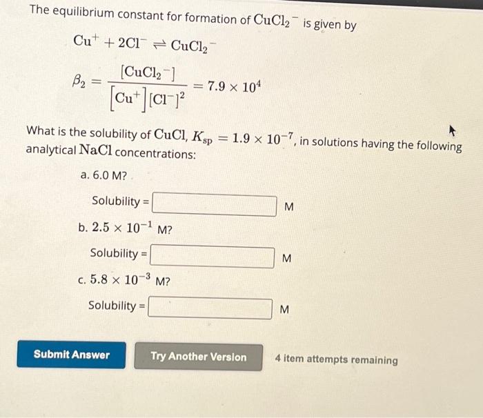 Solved The equilibrium constant for formation of CuCl₂ is | Chegg.com
