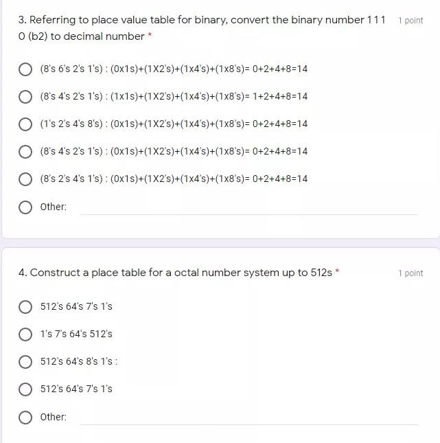 Solved 1 point 3. Referring to place value table for binary, | Chegg.com