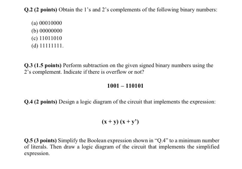 Solved Q. 2 (2 ﻿points) ﻿Obtain the 1's and 2's complements | Chegg.com