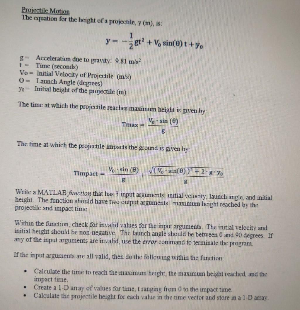 Solved Projectile Motion The equation for the height of a | Chegg.com