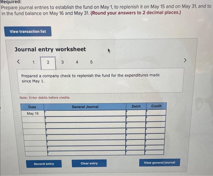 Solved Prepare journal entries to establish the fund on May | Chegg.com