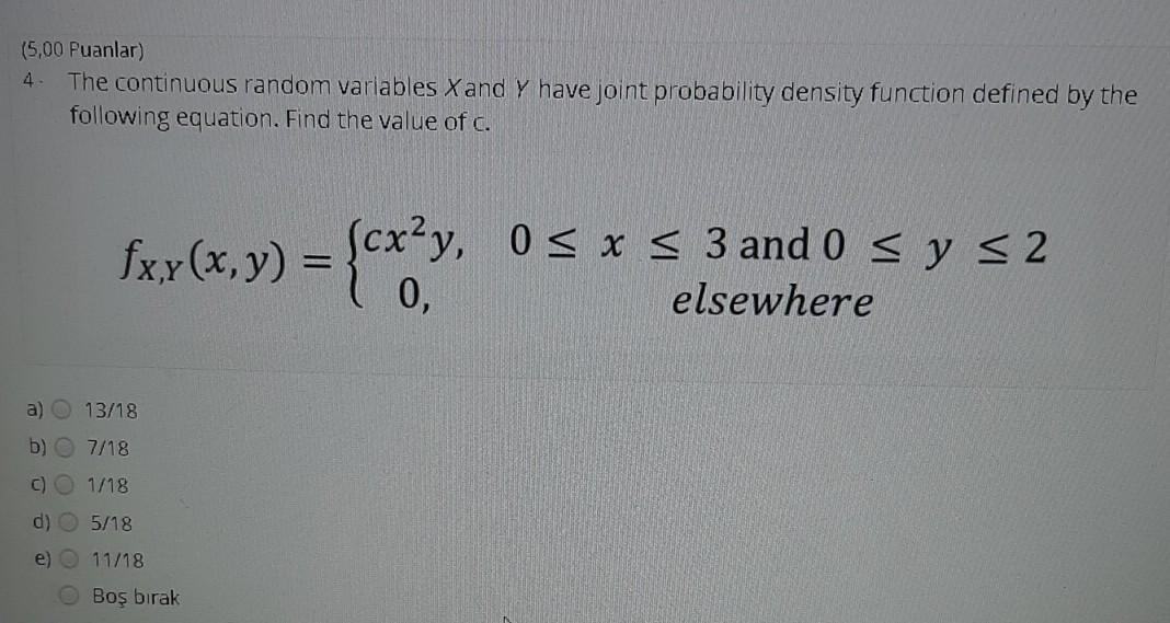 Solved (5,00 Puanlar) The continuous random variables Xand Y | Chegg.com
