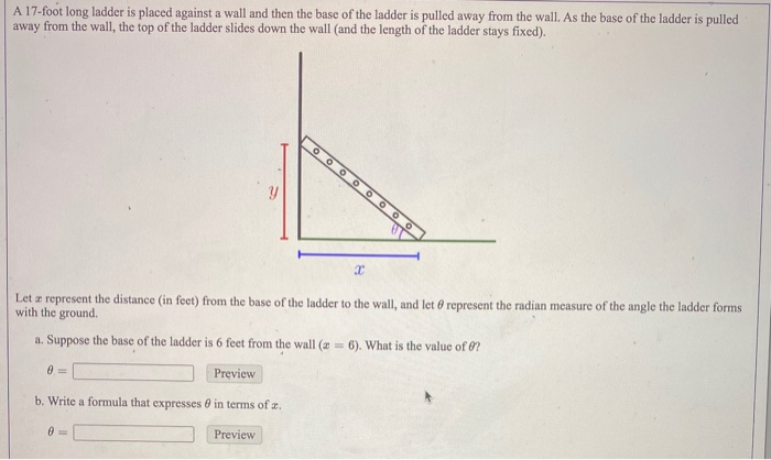 Solved A 17-foot long ladder is placed against a wall and | Chegg.com