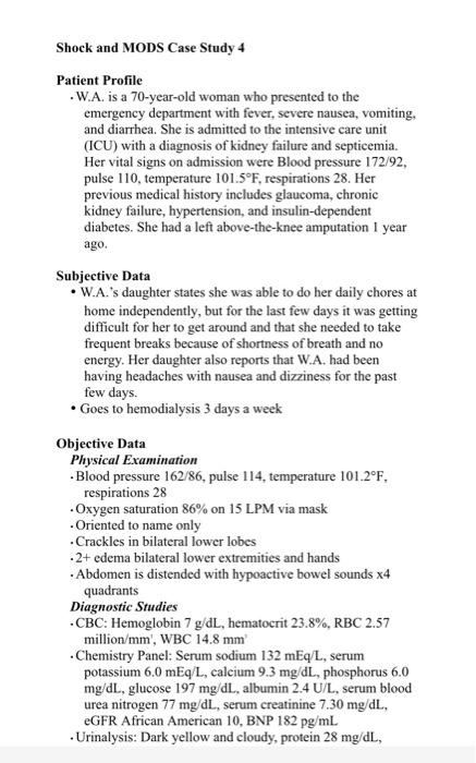 Solved Shock and MODS Case Study 4 Patient Profile .W.A. is | Chegg.com