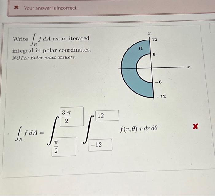 Solved Your answer is incorrect. Write ∫RfdA as an iterated | Chegg.com