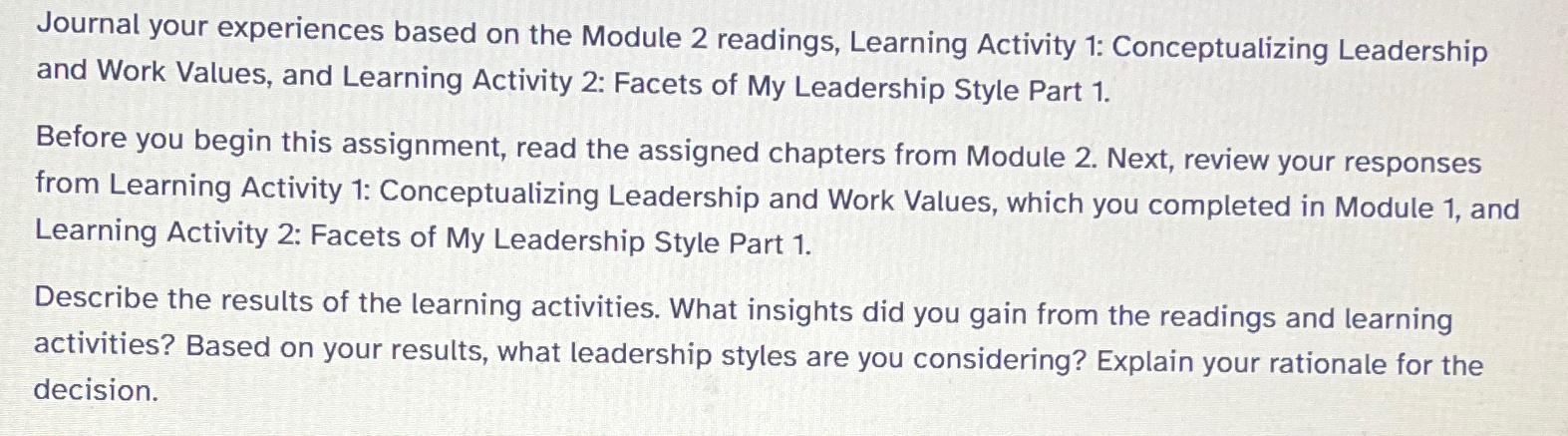 Solved Journal your experiences based on the Module 2 | Chegg.com