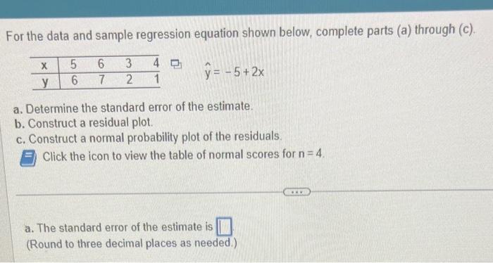 Solved For the data and sample regression equation shown | Chegg.com