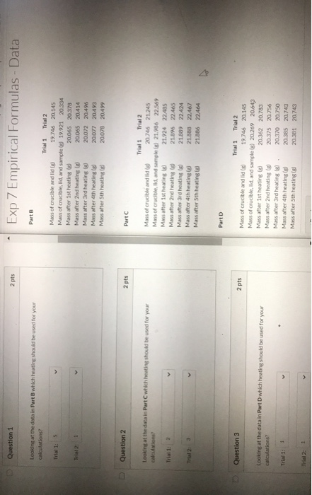Question 1 2 pts Exp 7 Empirical Formulas - Data Part | Chegg.com