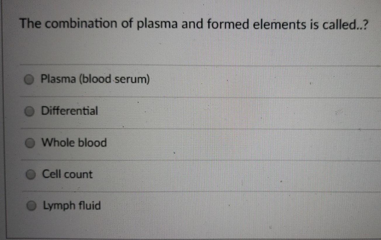 Solved The combination of plasma and formed elements is | Chegg.com