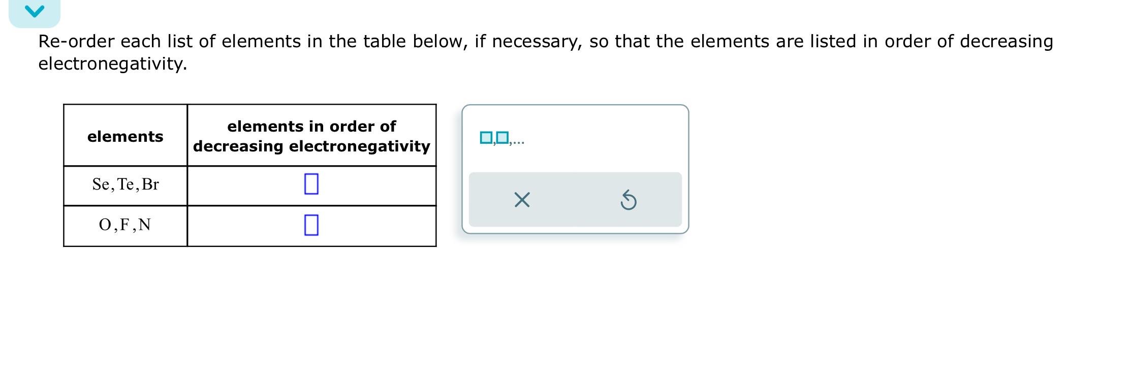 Solved Re-order each list of elements in the table below, if | Chegg.com