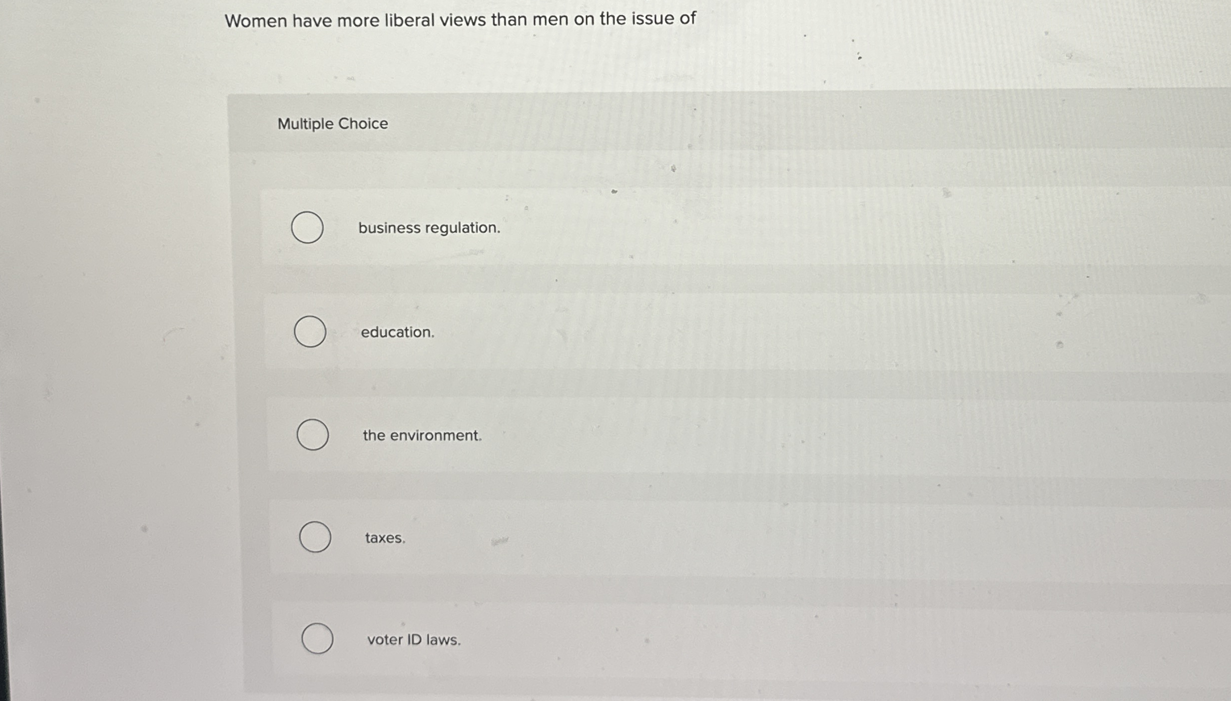 Solved Women have more liberal views than men on the issue | Chegg.com