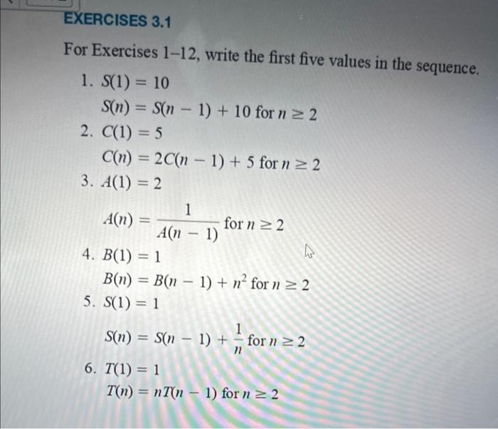Solved For Exercises 1-12, write the first five values in | Chegg.com