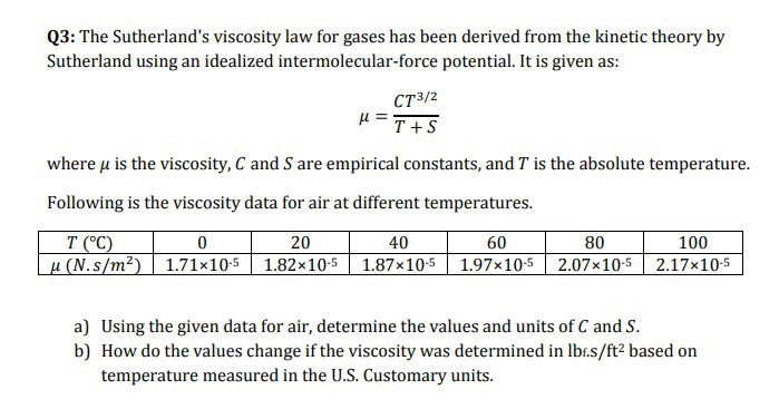 Solved Q3: The Sutherland's viscosity law for gases has been | Chegg.com