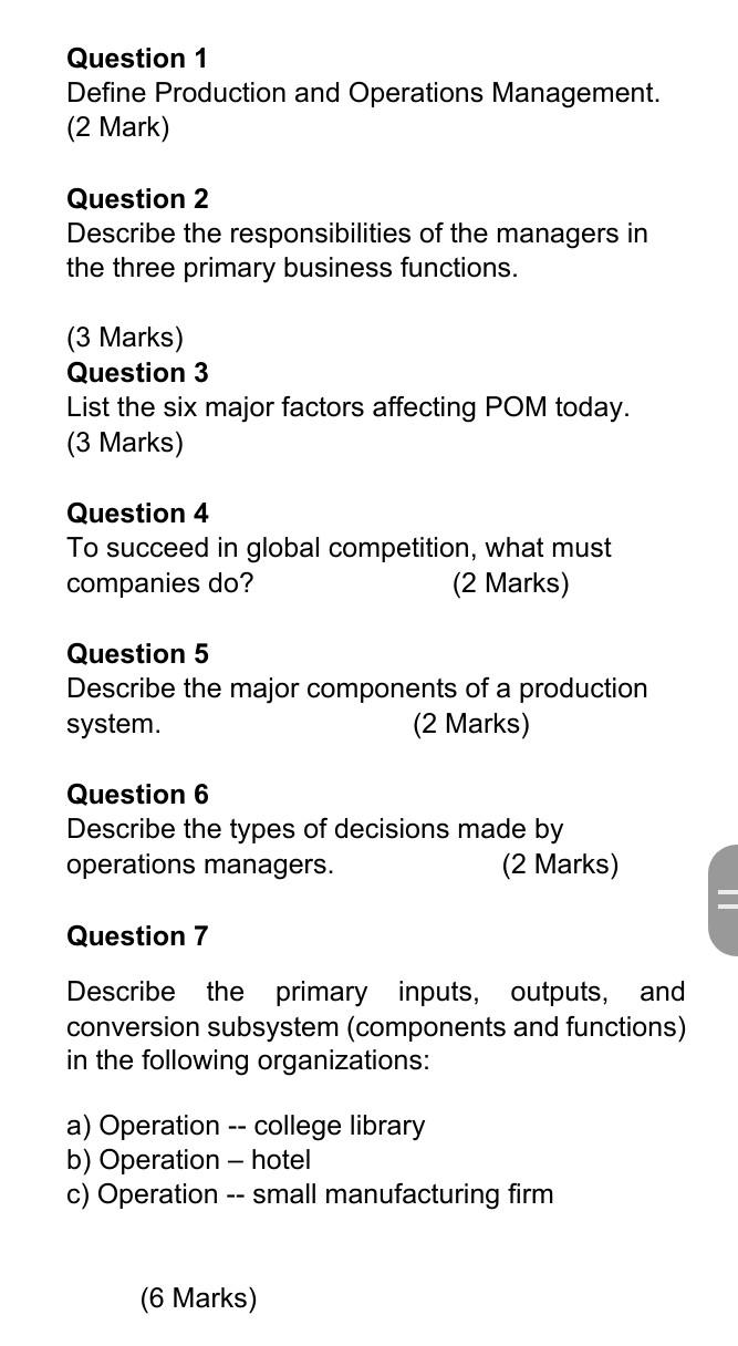 Solved Question 1 Define Production and Operations | Chegg.com