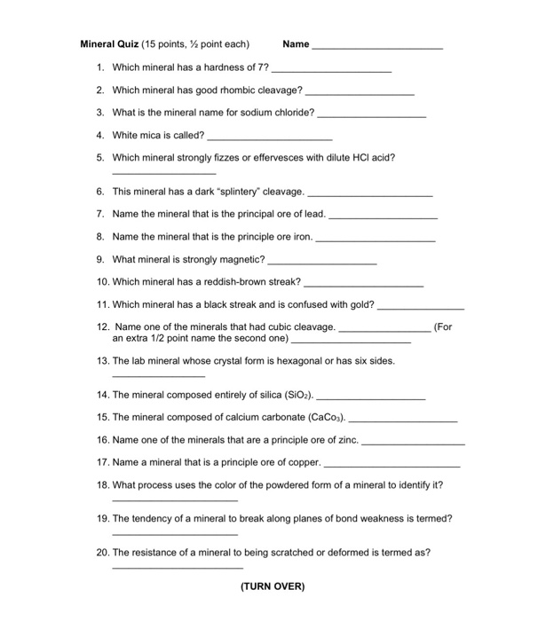 Solved Name Mineral Quiz (15 points, y point each) 1. Which | Chegg.com