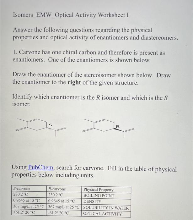 Isomers_EMW_Optical Activity Worksheet I Answer the | Chegg.com