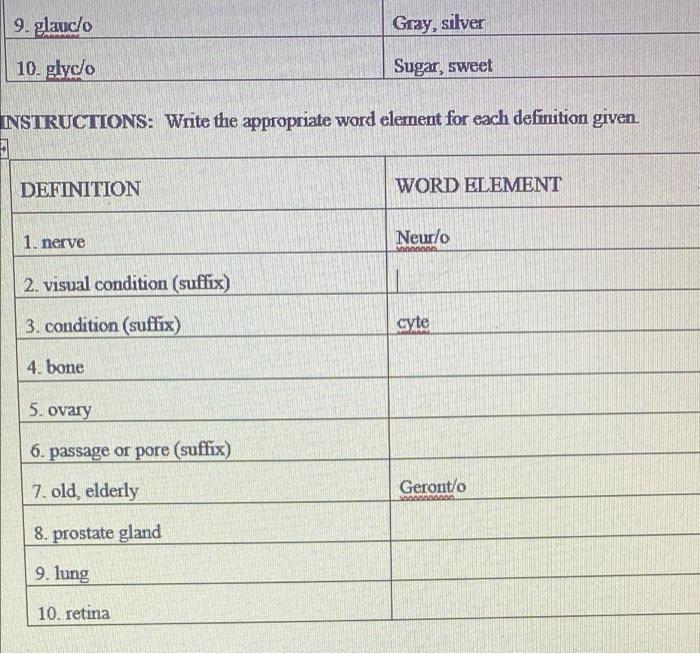 Solved 9. glauc/o Gray, silver 10. glyclo Sugar, sweet | Chegg.com