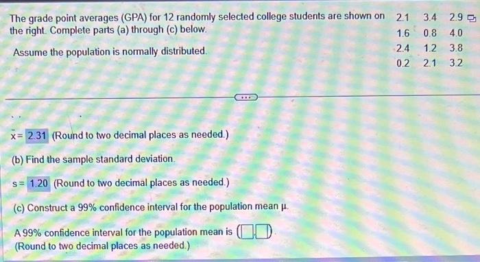 Solved The grade point averages (GPA) for 12 randomly | Chegg.com