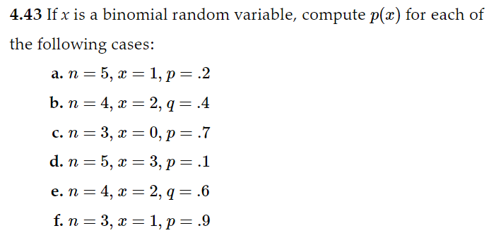 Solved 4.43 ﻿If x ﻿is a binomial random variable, compute | Chegg.com