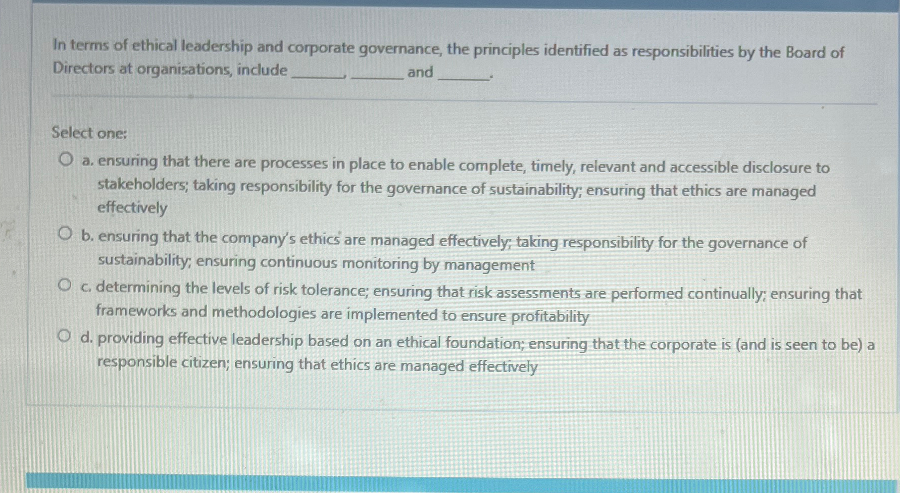 Solved In terms of ethical leadership and corporate | Chegg.com