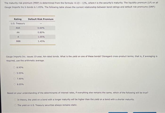 The maturity risk premlum (MRP) is determined from | Chegg.com