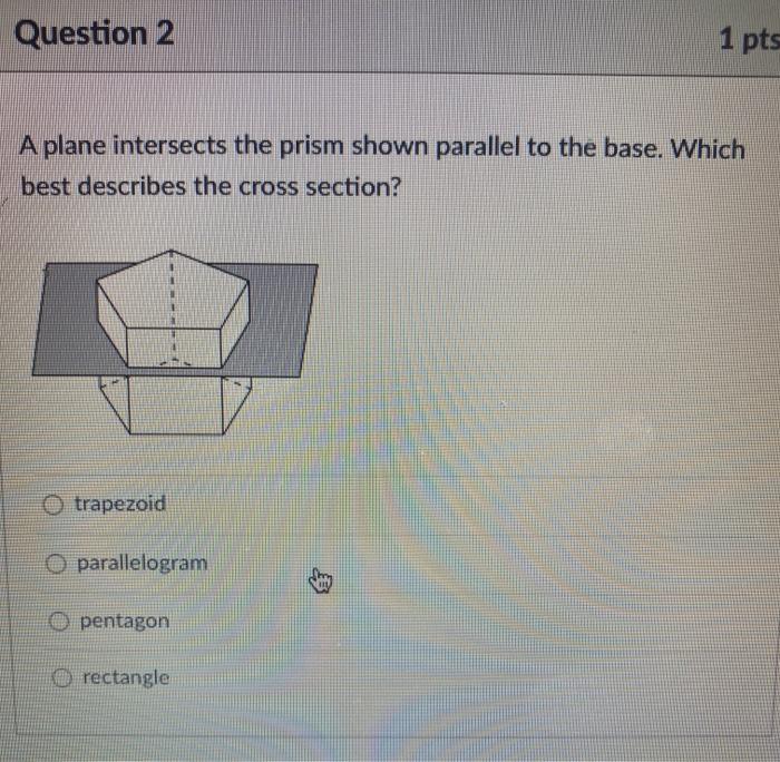Solved Question 2 1 pts A plane intersects the prism shown | Chegg.com