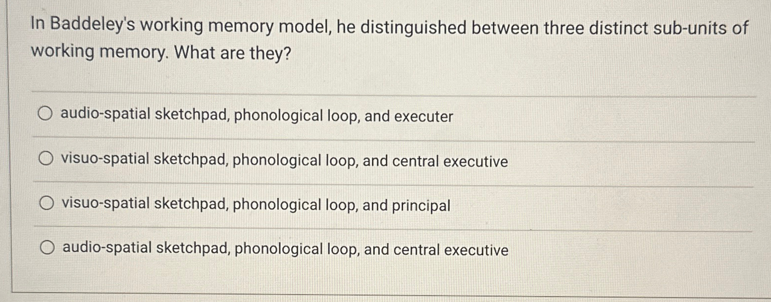 Solved In Baddeley's working memory model, he distinguished | Chegg.com