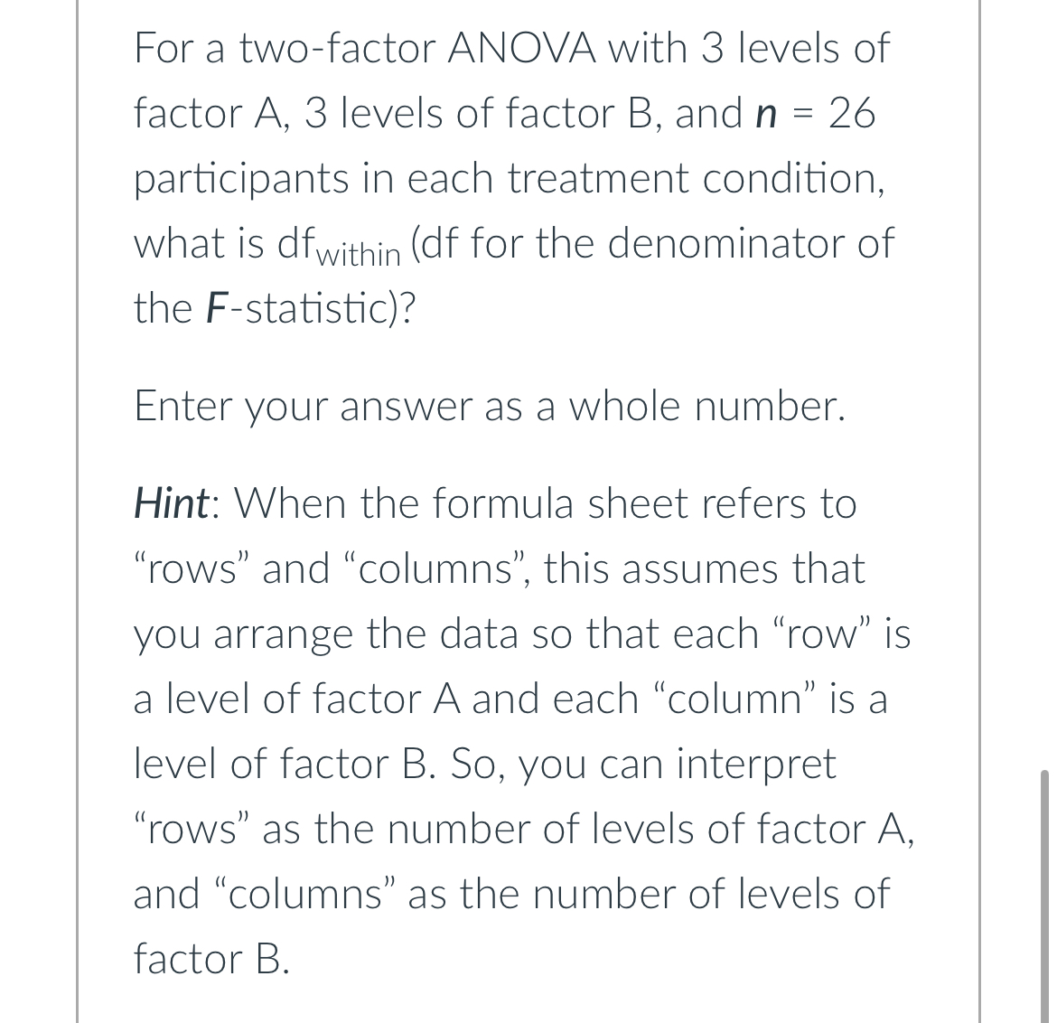 Solved For a two-factor ANOVA with 3 ﻿levels of factor A,3 | Chegg.com