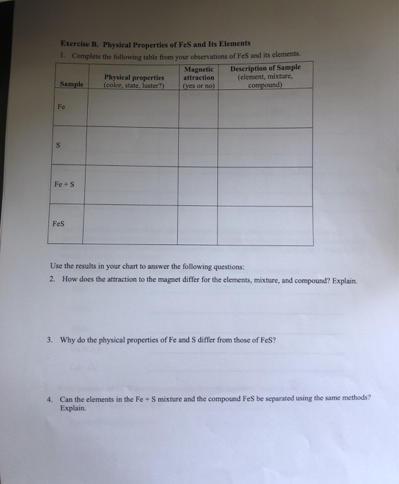 Solved Exercise B. Physical Properties of FeS and Its | Chegg.com