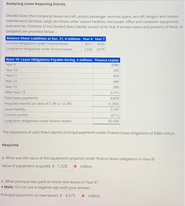 Solved Analyzing Lease Reporting Entries Divided Skies (the | Chegg.com