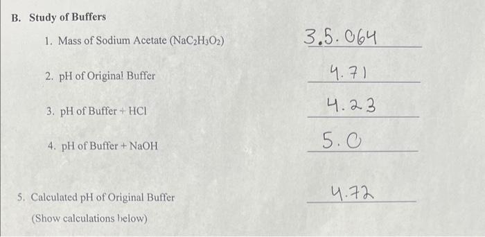 Solved B. Study of Buffers 1. Mass of Sodium Acetate | Chegg.com