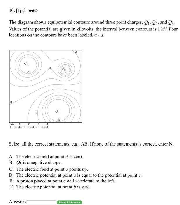 Solved The diagram shows equipotential contours around three | Chegg.com