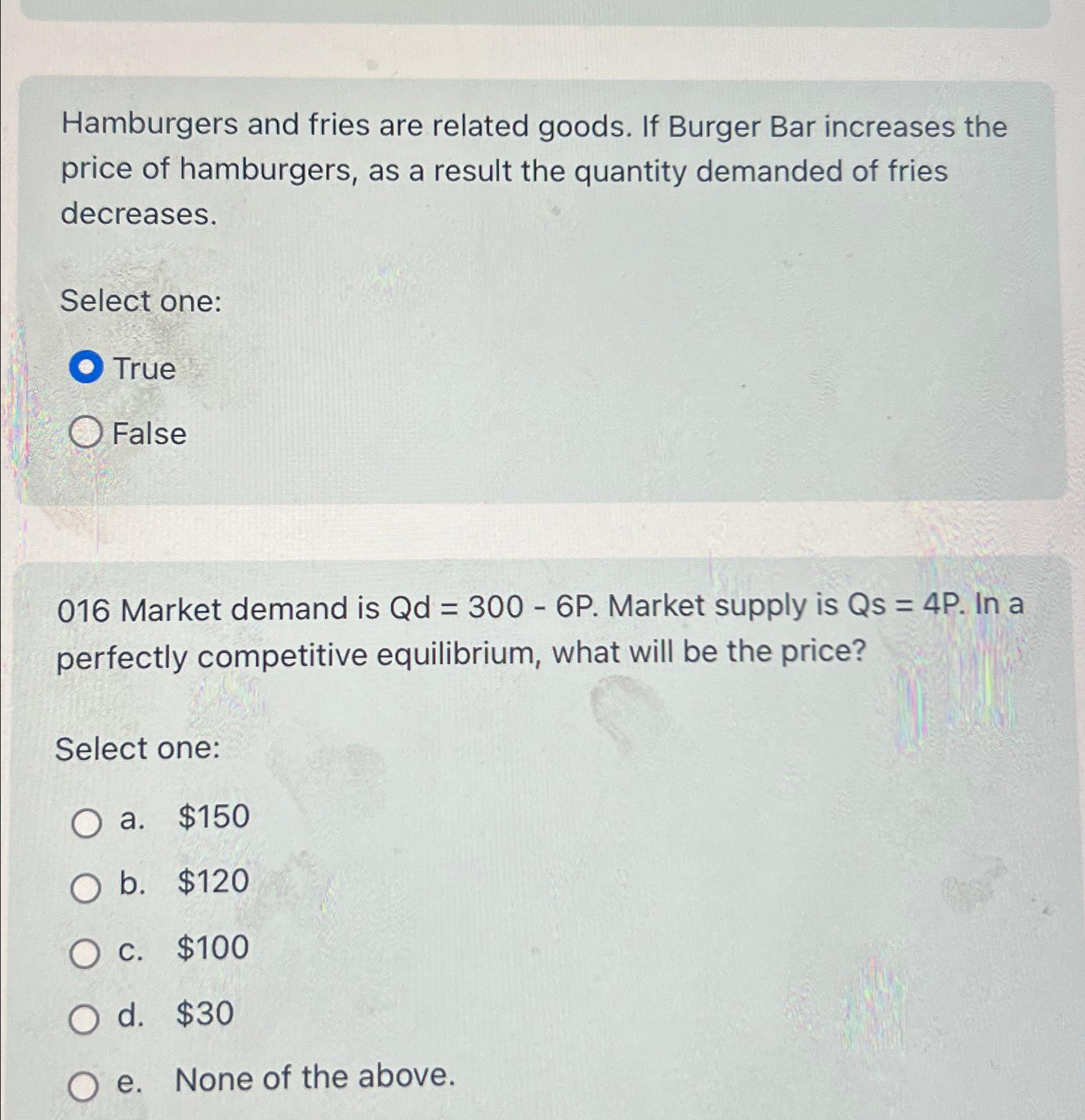 Solved Hamburgers and fries are related goods. If Burger Bar | Chegg.com