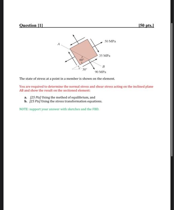 Solved Question 11 (50 pts. 50 MPa 35 MPa 60 B 30° 90 MPa | Chegg.com