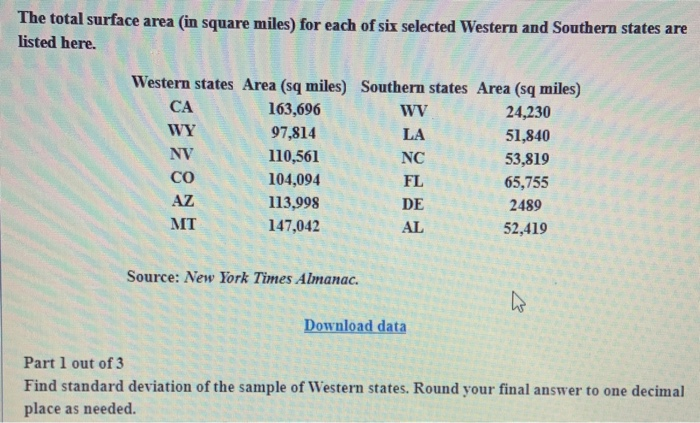 Solved The total surface area (in square miles) for each of | Chegg.com