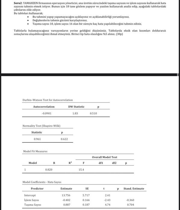 Soru2: YAMAHZEN firmasının operasyon yöneticisi, ana | Chegg.com