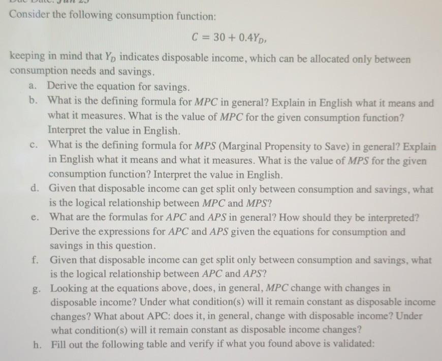 Solved Consider the following consumption function: C = 30 + | Chegg.com