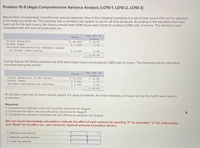 Solved Problem 10-9 (Algo) Comprehensive Variance Analysis | Chegg.com