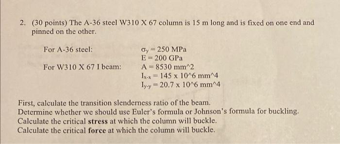Solved 2. (30 points) The A-36 steel W310 X 67 column is 15 | Chegg.com