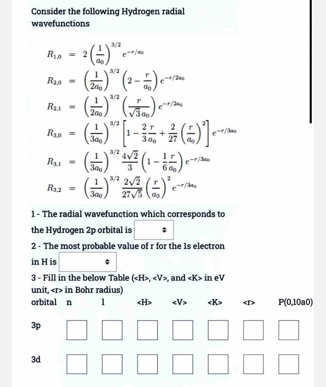 Consider The Following Hydrogen Radial