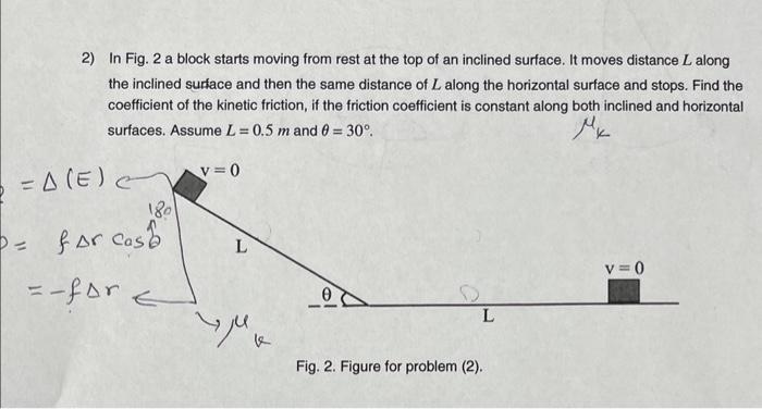 Solved 2) In Fig. 2 a block starts moving from rest at the | Chegg.com