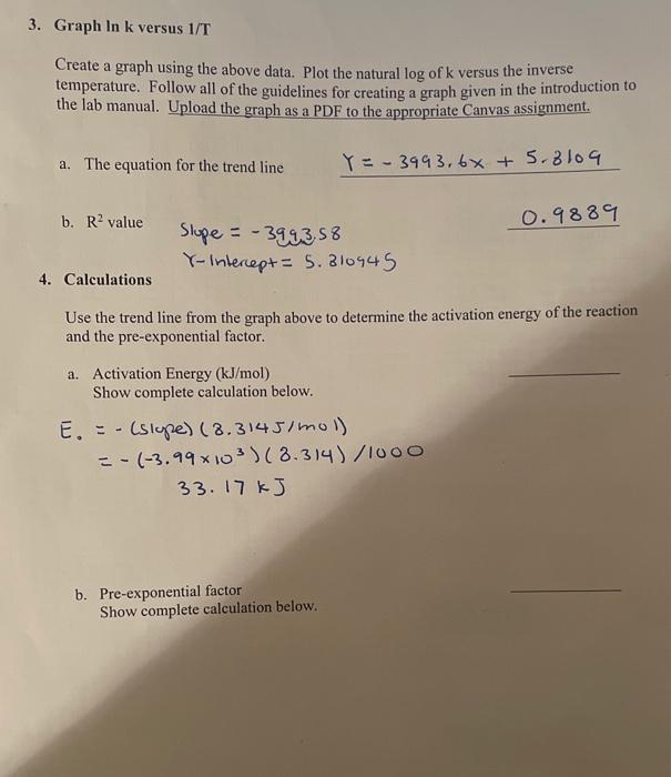 Solved 3. Graph In k versus 1/T Create a graph using the | Chegg.com