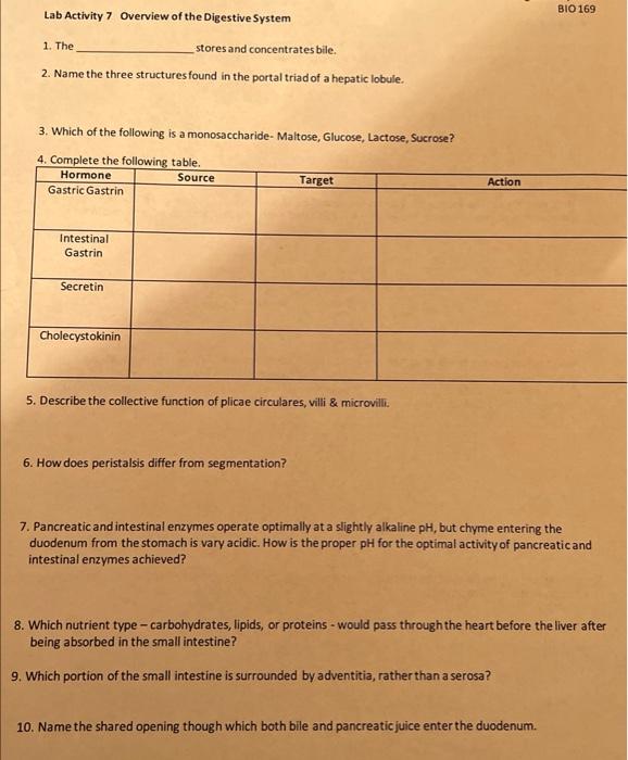 Solved Lab Activity 7 Overview of the Digestive System | Chegg.com