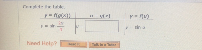 Solved Complete the table. y = f(g(x)) 2x -9 u = g(x) y = | Chegg.com