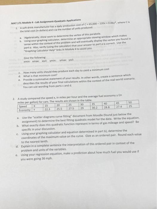 MAT 171 Module 4 - Lab Assignment-Quadratic | Chegg.com