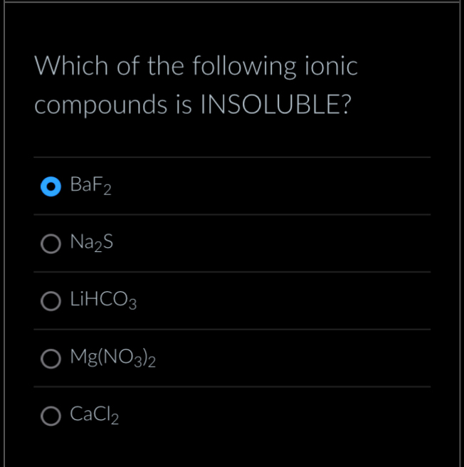 Solved Which of the following ionic compounds is INSOLUBLE? | Chegg.com