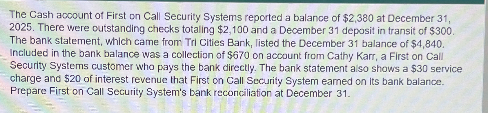 Solved The Cash account of First on Call Security Systems | Chegg.com